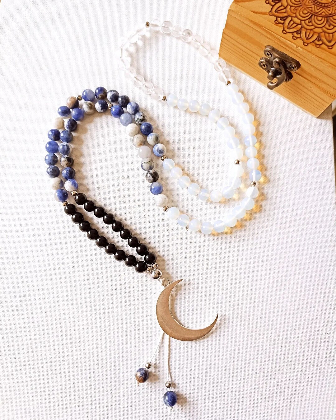 Crystal Quartz Opal Sodalite Onix Mala Necklace Silver Moon Japa Mala ...