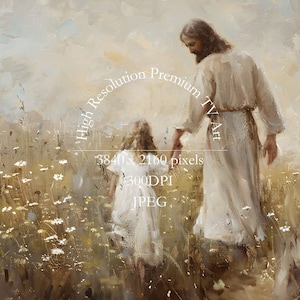 Frame TV Art, Jesus Christ and Little Girl Walking in Flower Field ...