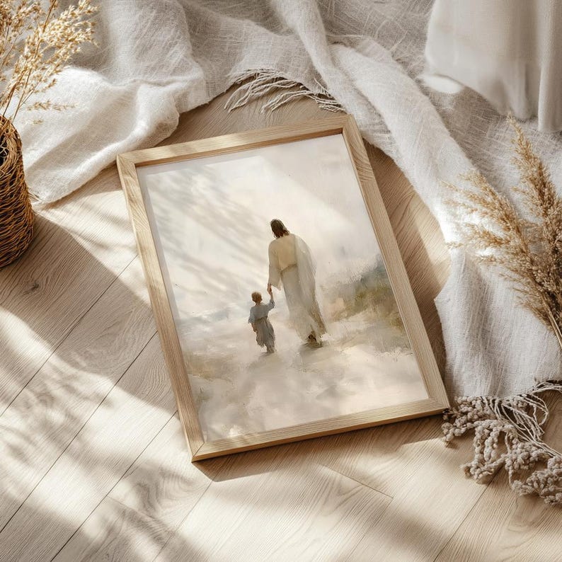 Jesus and A Little Boy Walking, Printed Poster, Child of God, Modern ...
