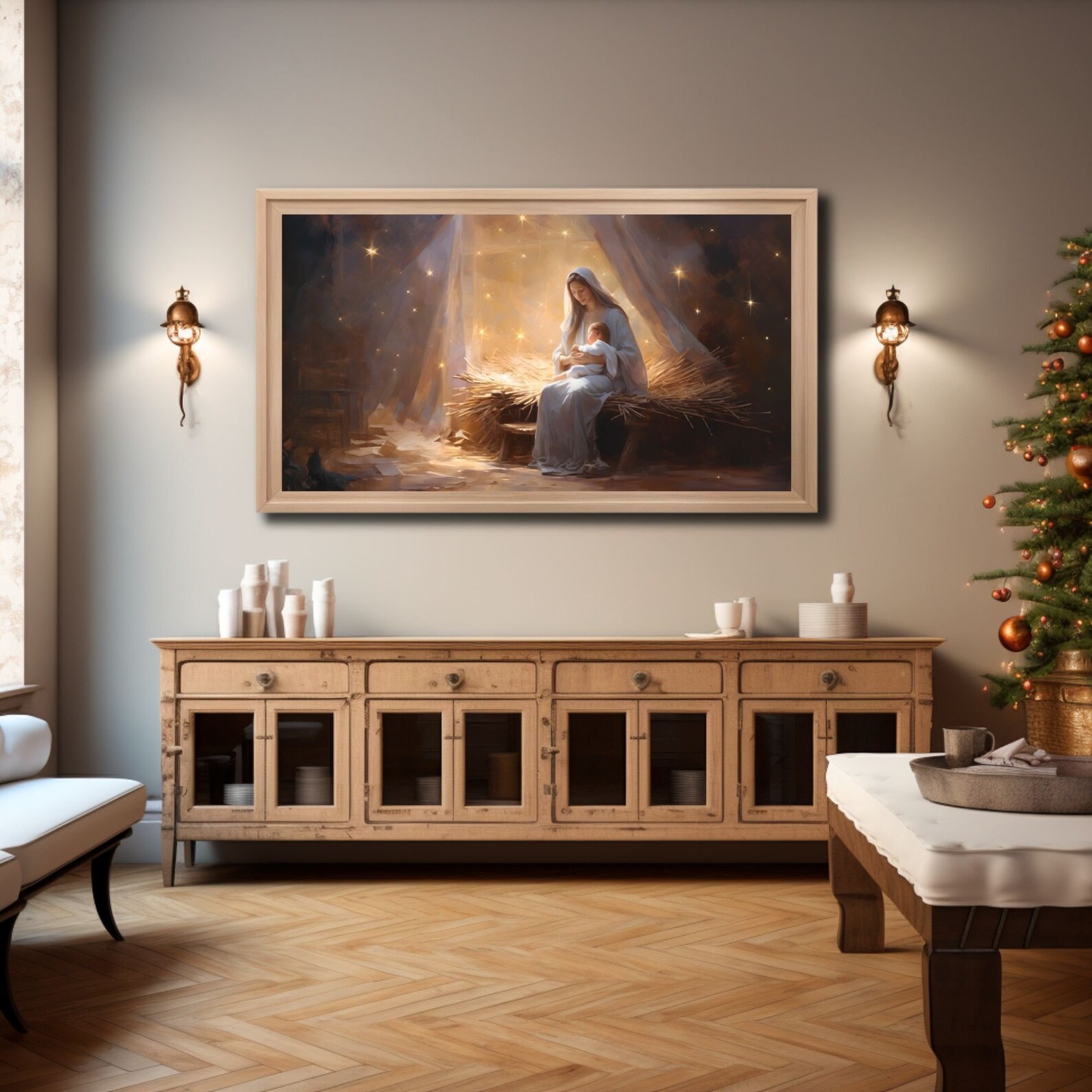 Christmas Frame TV Art Nativity Mary and Baby Jesus in Manger ,instant ...