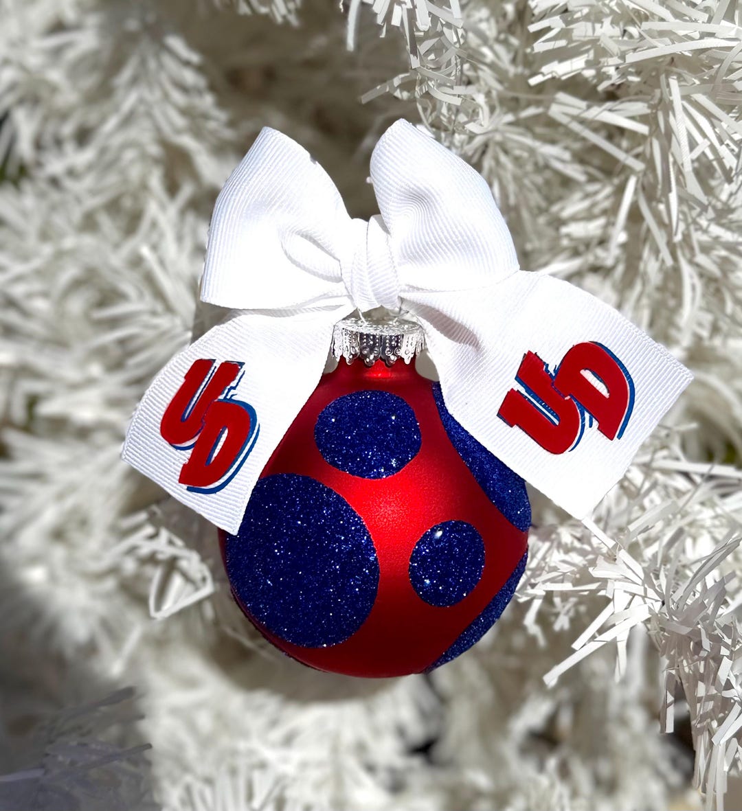 Dayton Inspired Red and Blue Polka Dot Christmas Glass Ball Ornament ...