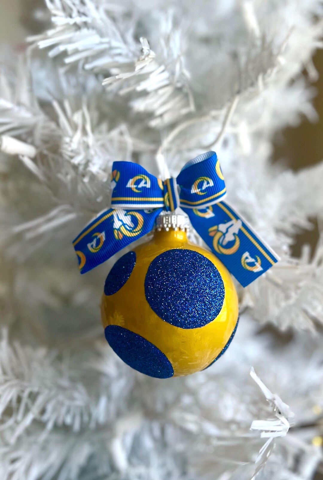 Rams Football Inspired Glitter Polka Dot Christmas Glass Ball Ornament ...