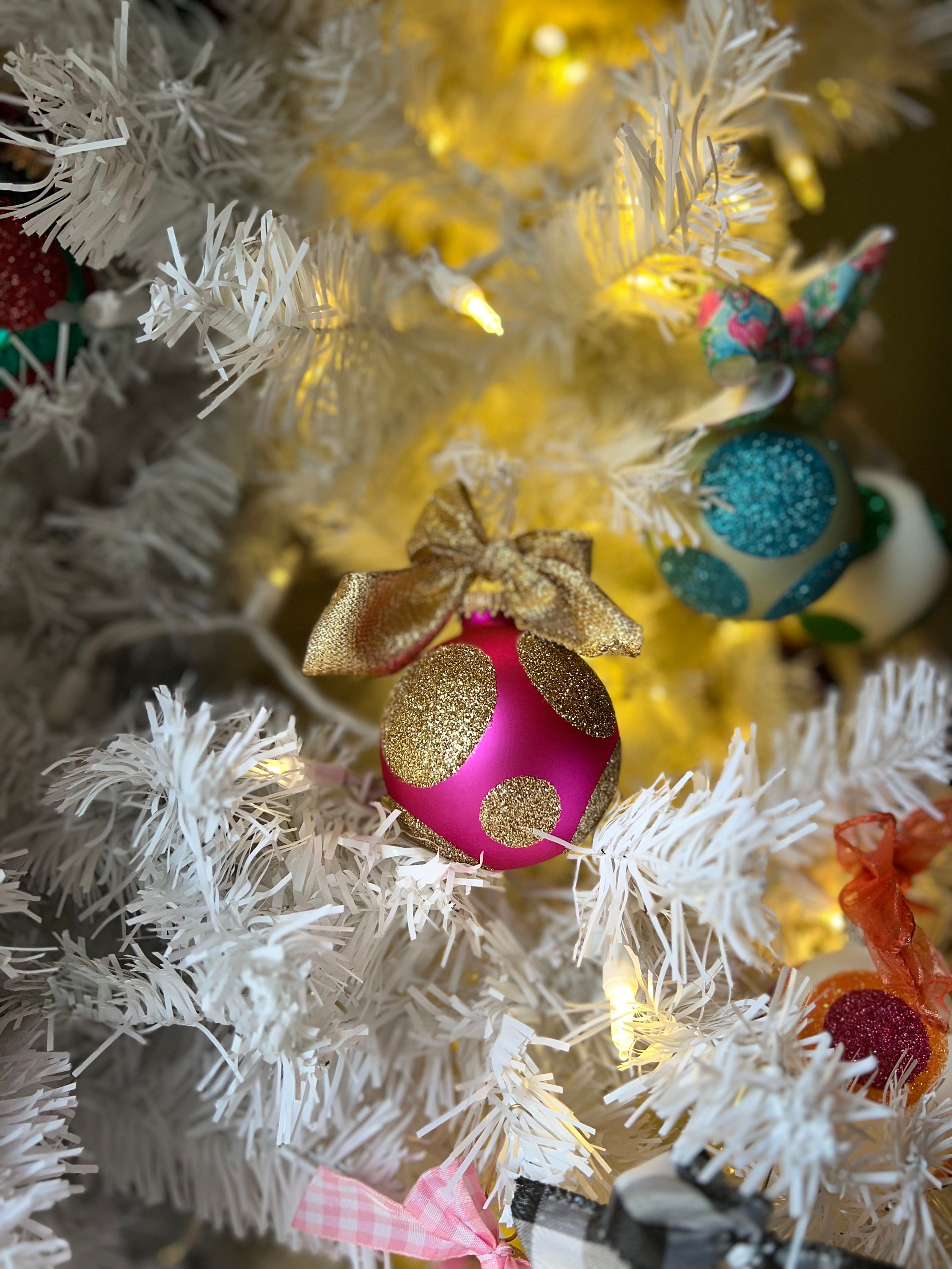 Pink and Gold Glitter Polka Dot Christmas Tree Glass Ball Ornament With ...