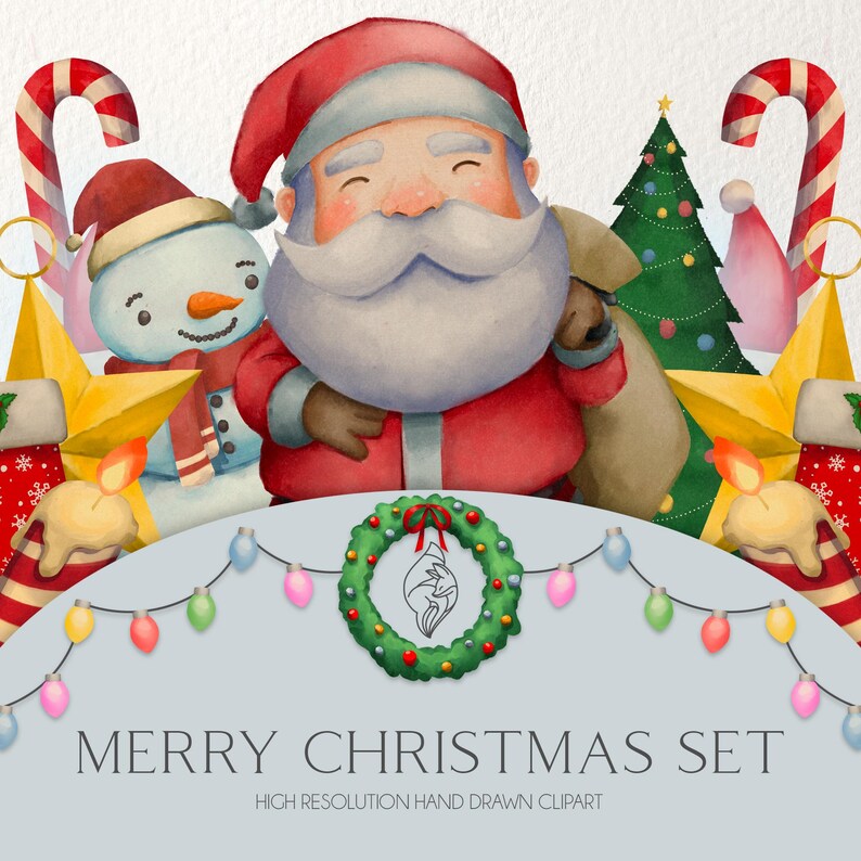 Merry Christmas Cute Watercolor Illustration Sticker Set Digital ...