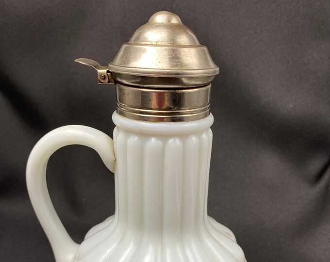 Antique Syrup Pitcher - Milk Glass, Rib Over Rib Pattern - Hand Painted ...