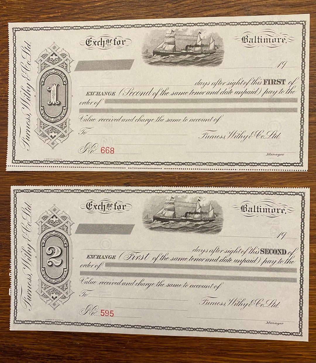 Two Early 1900's Sight Draft Checks Furness Withy & Co LDT Baltimore ...