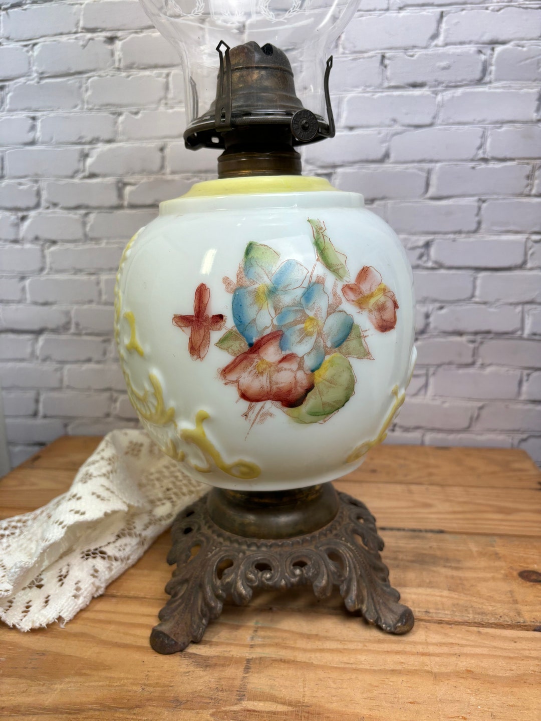 Vintage Hand Painted Floral Oil Lamp With Chimney - Etsy