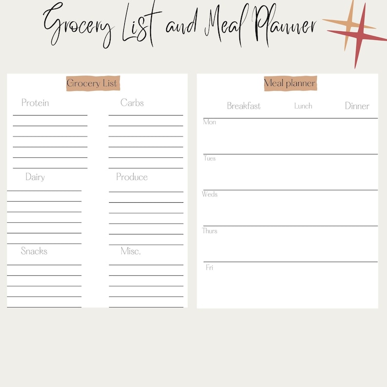 Printable Meal Planner Digital Download Exercise Log Grocery Planner