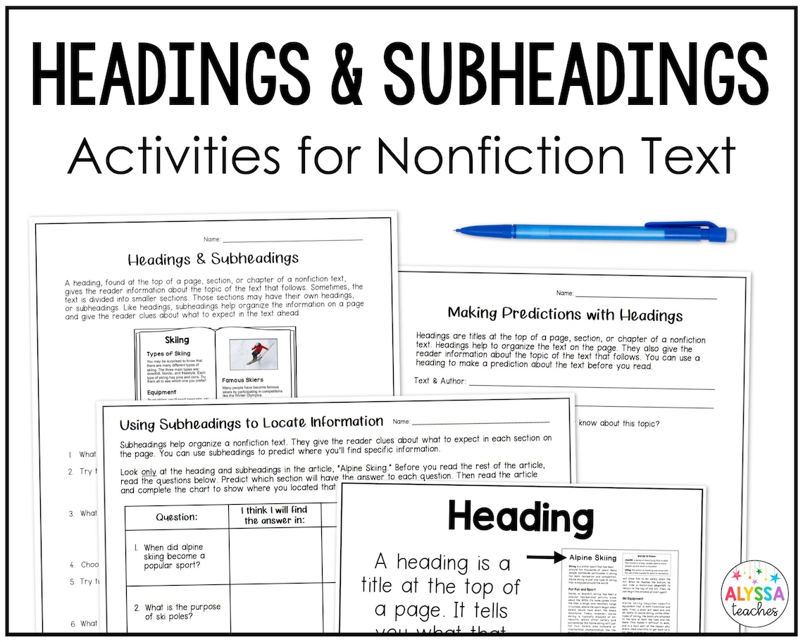 Headings and Subheadings Worksheets, Nonfiction Reading Activities - Etsy