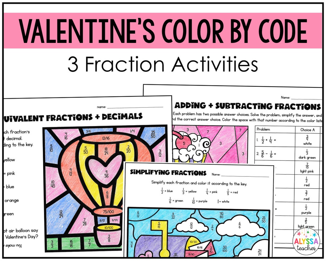 Valentine's Day Math Color by Number Worksheets, Fraction Color by Code ...