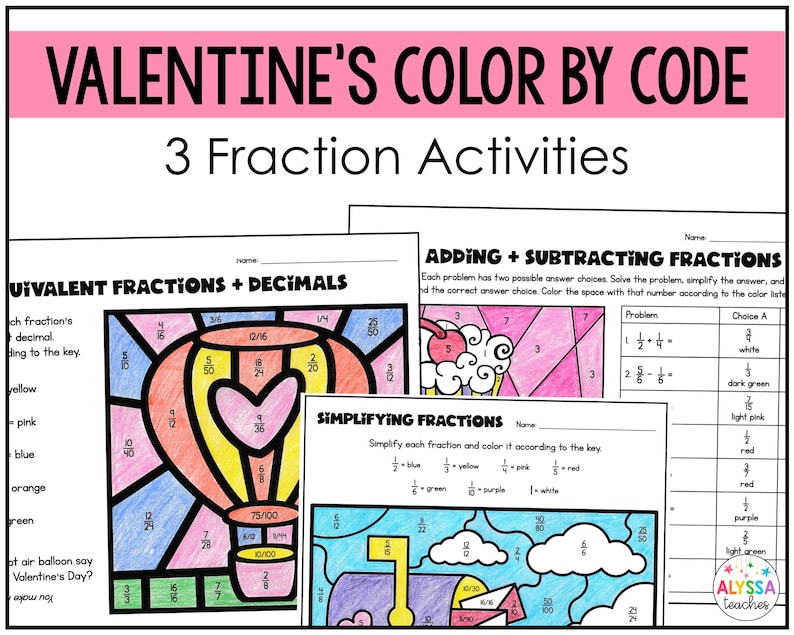 Valentine's Day Math Color by Number Worksheets, Fraction Color by Code ...