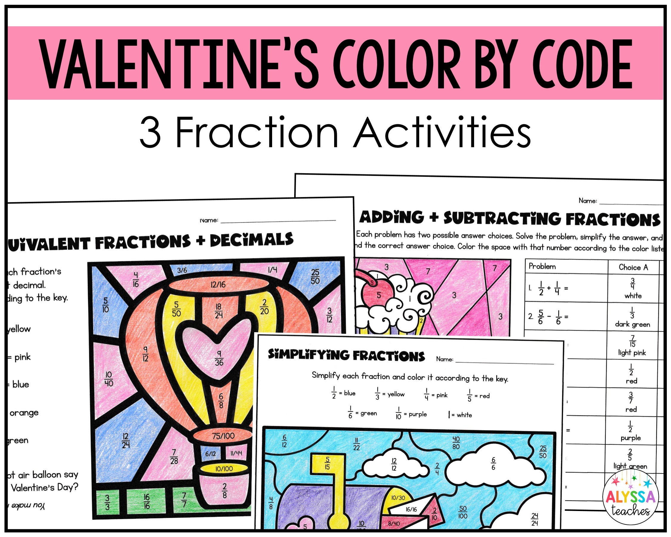 Valentine's Day Math Color by Number Worksheets, Fraction Color by Code ...