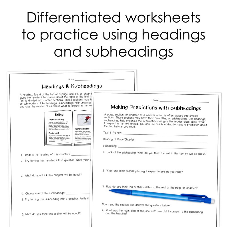 Headings and Subheadings Worksheets, Nonfiction Reading Activities - Etsy