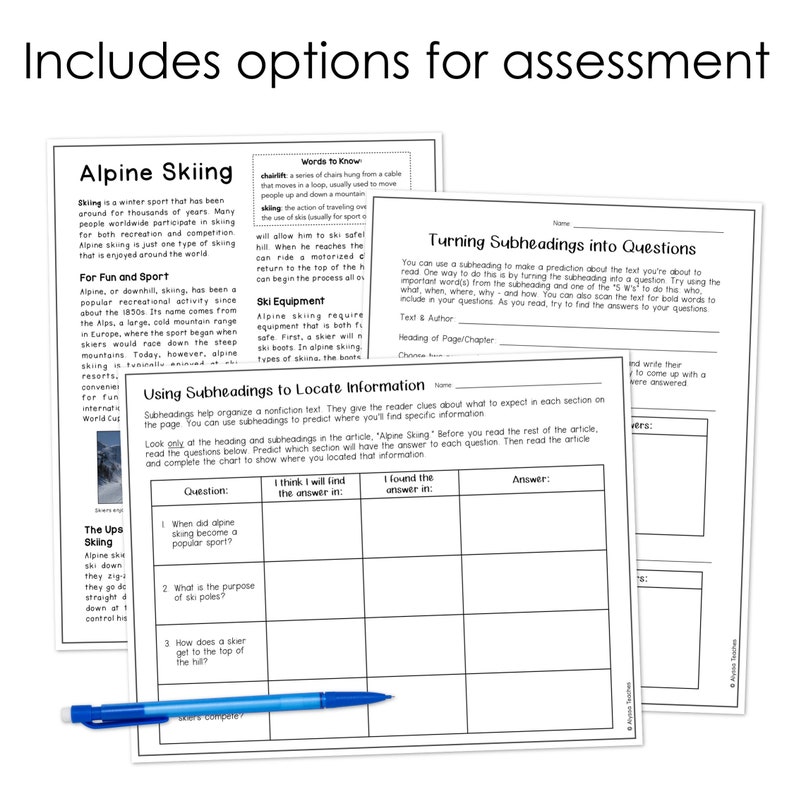 Headings and Subheadings Worksheets, Nonfiction Reading Activities - Etsy