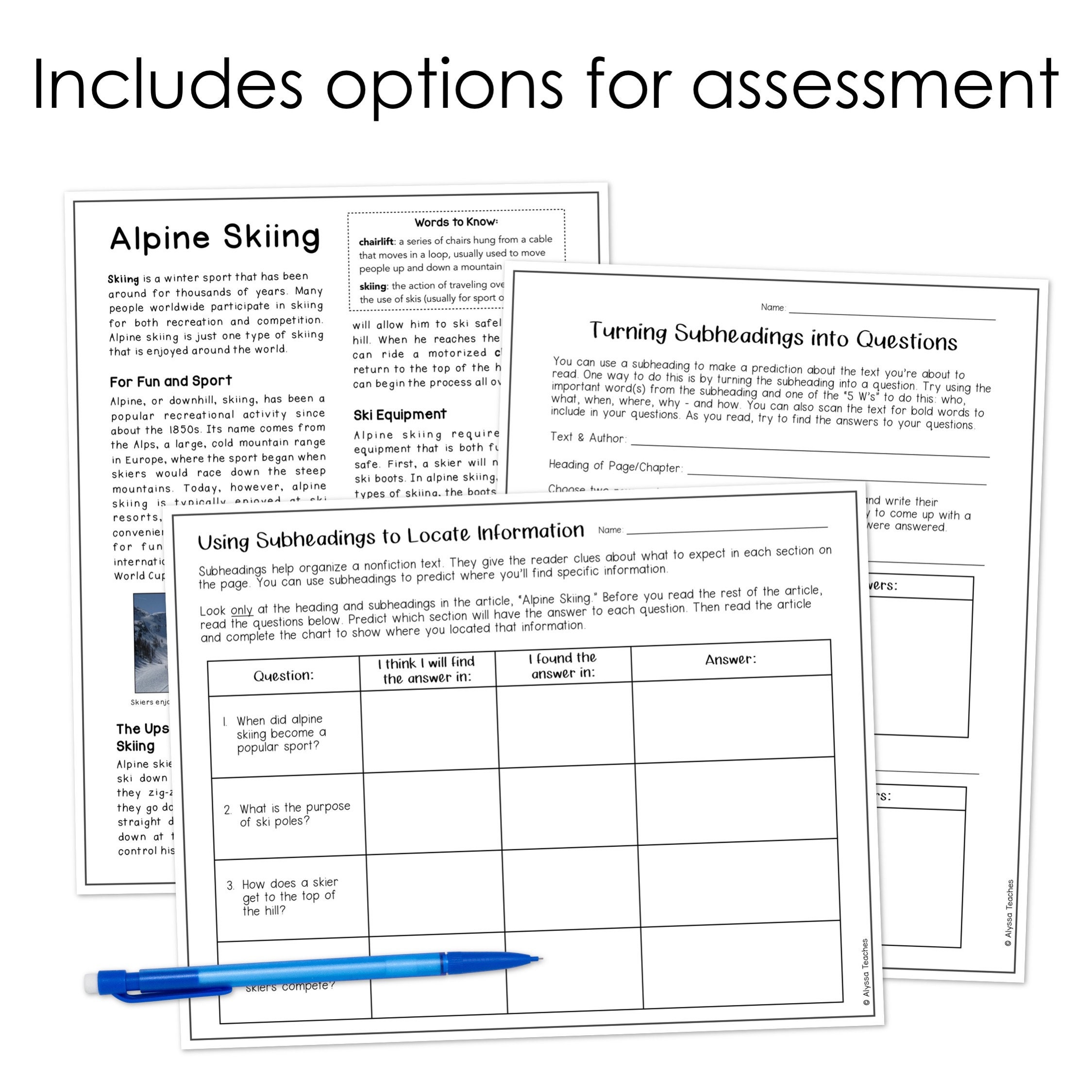 Headings and Subheadings Worksheets, Nonfiction Reading Activities - Etsy