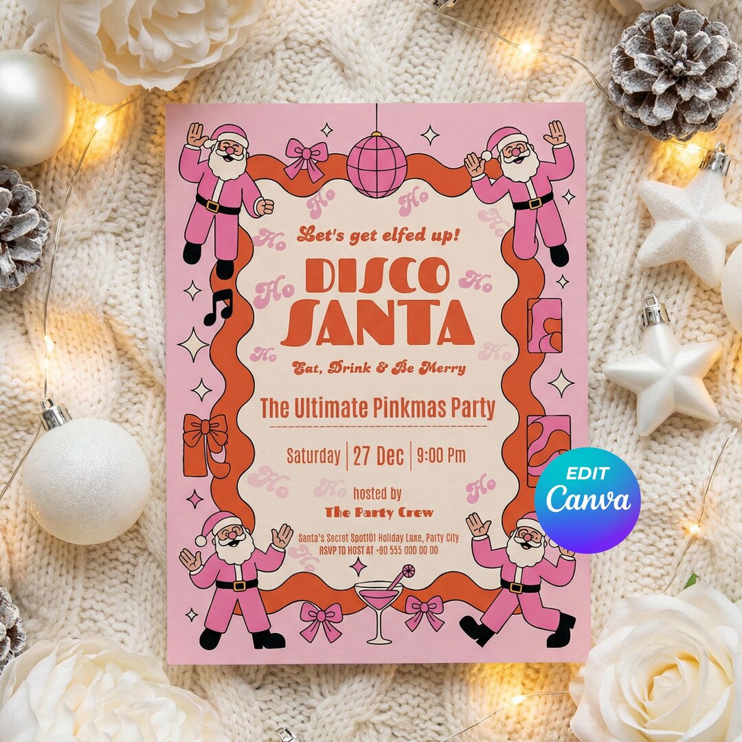 Disco Santa Pinkmas Invitation, Retro Christmas Party (canva Template ...