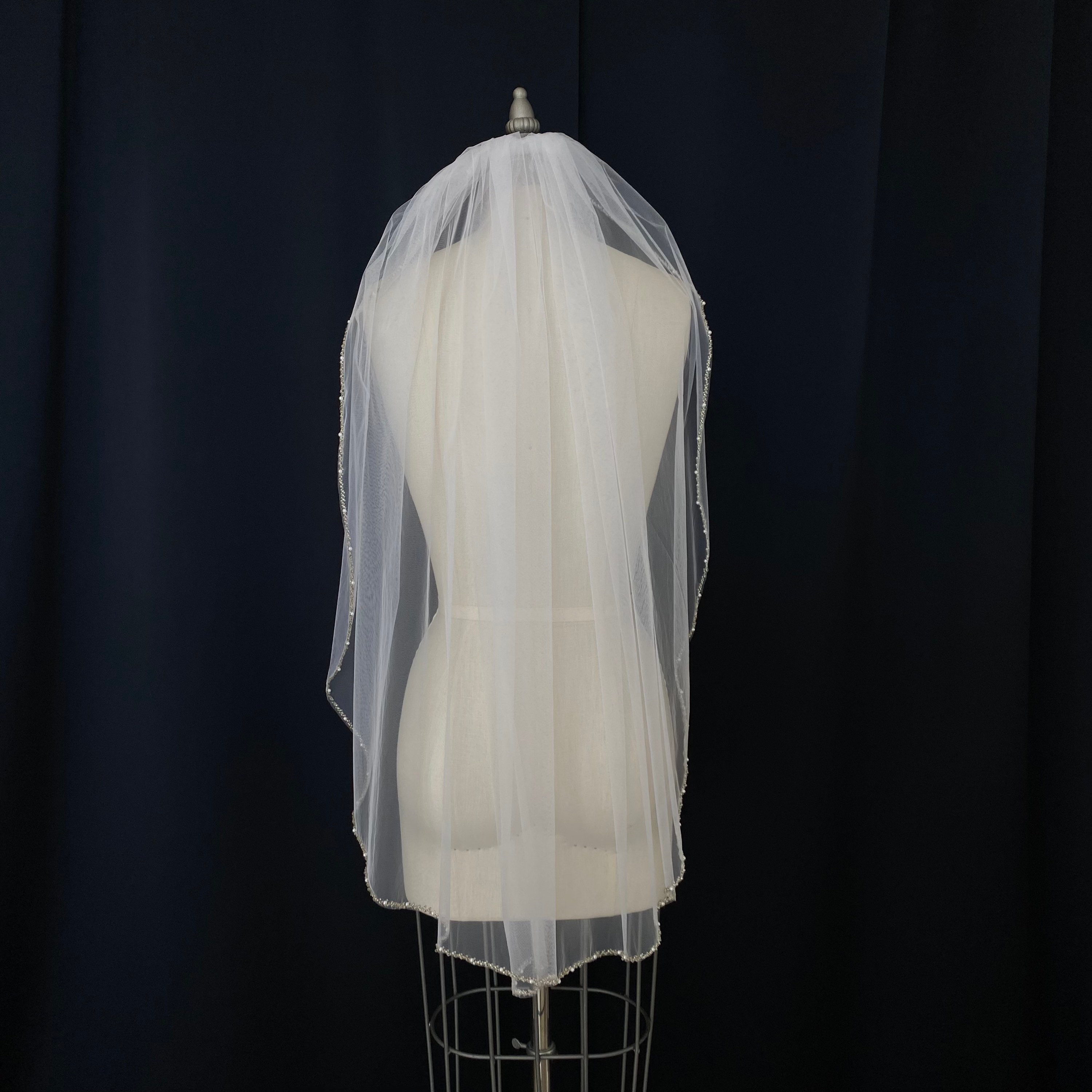 White Beaded Veil, Pearl Beaded Wedding Veil, Bead Edge Veil, One Tier ...