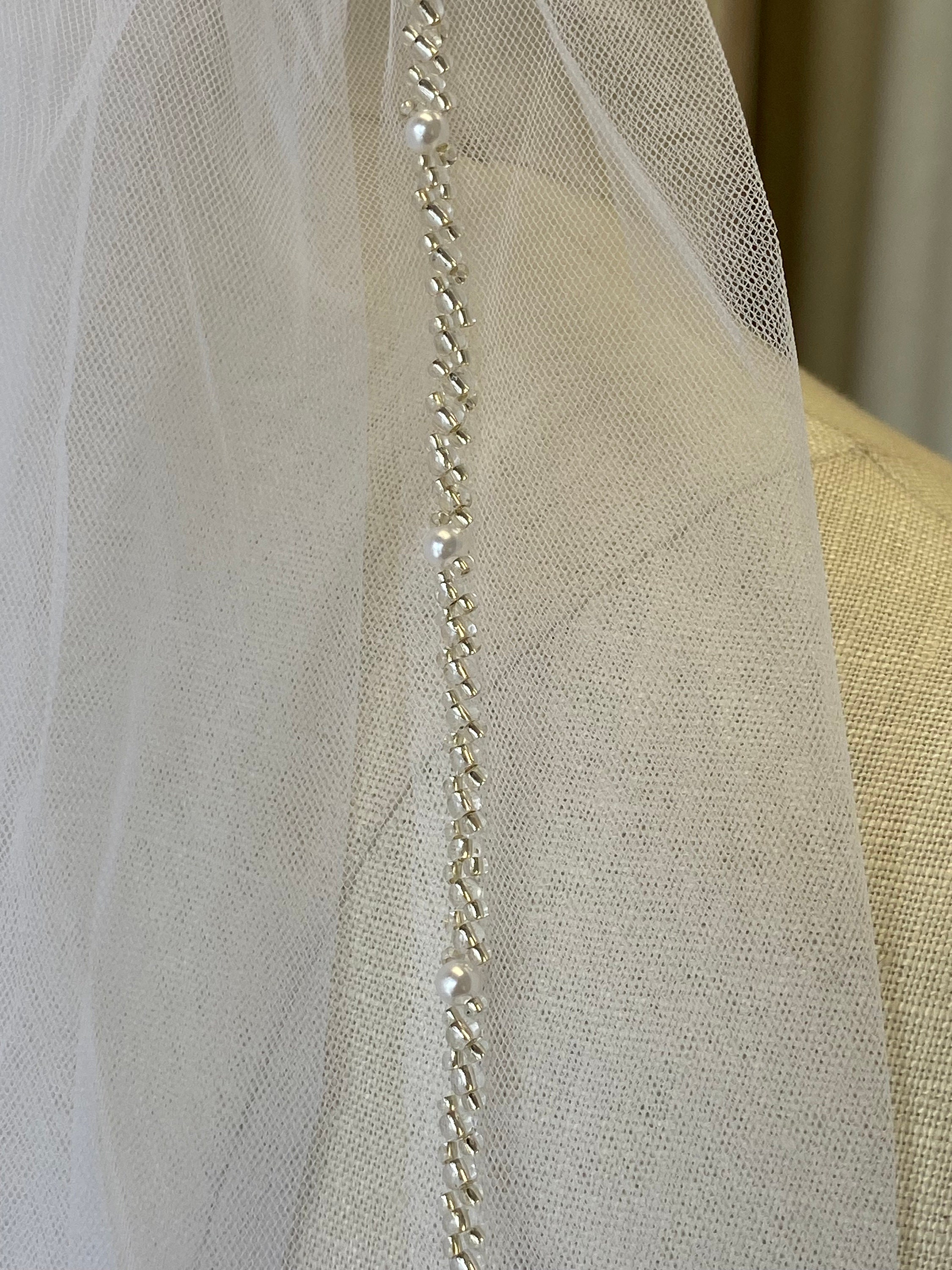 White Beaded Veil, Pearl Beaded Wedding Veil, Bead Edge Veil, One Tier ...