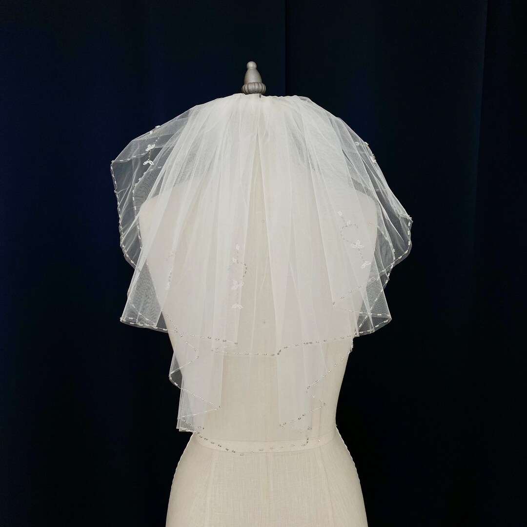 Small Floral Beaded Wedding Veil Two Tier Veil Beaded Ivory Wedding ...