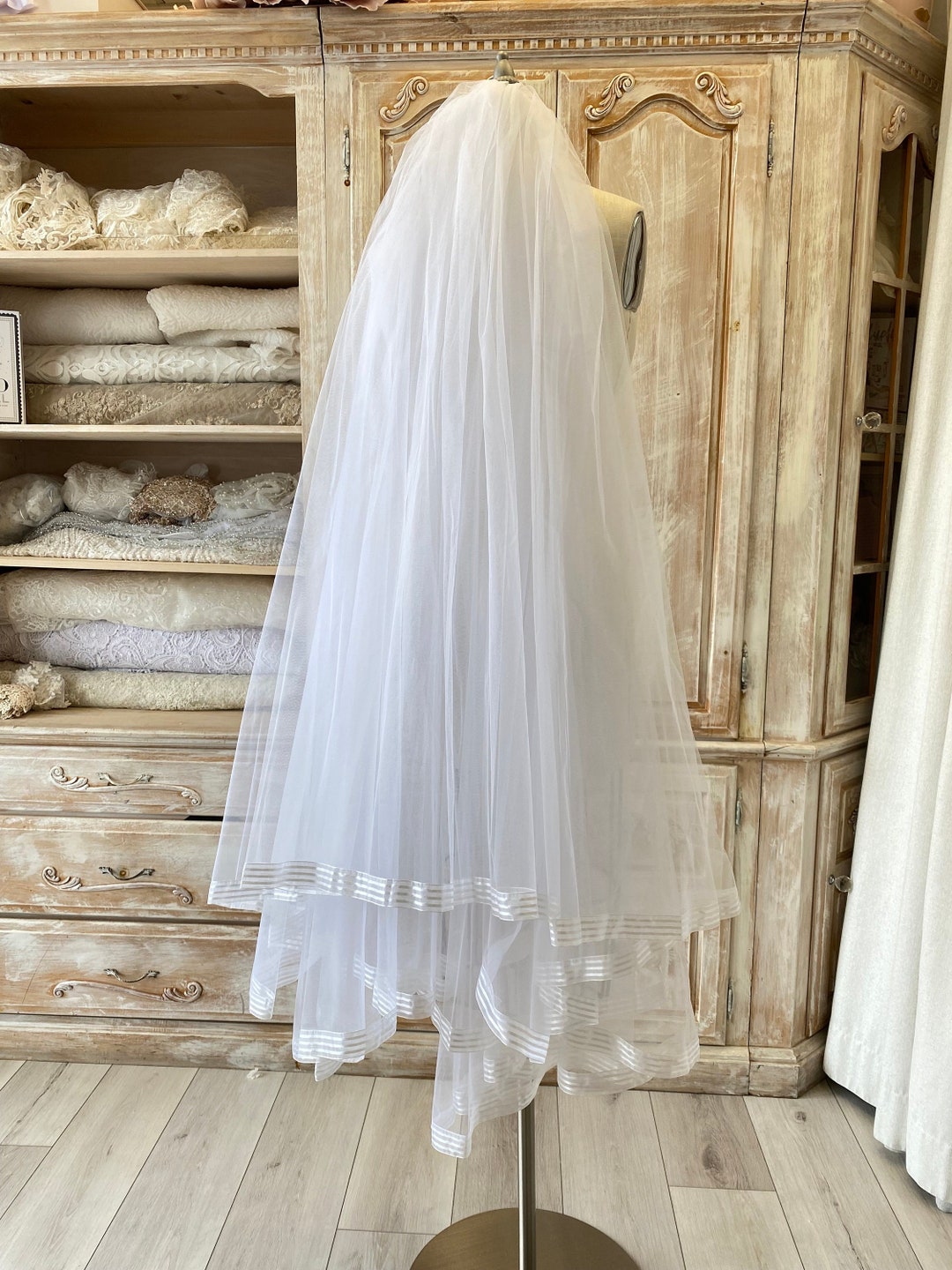Three Layer Ribbon Wedding Veil Lace With Blusher White Bridal Two Tier ...