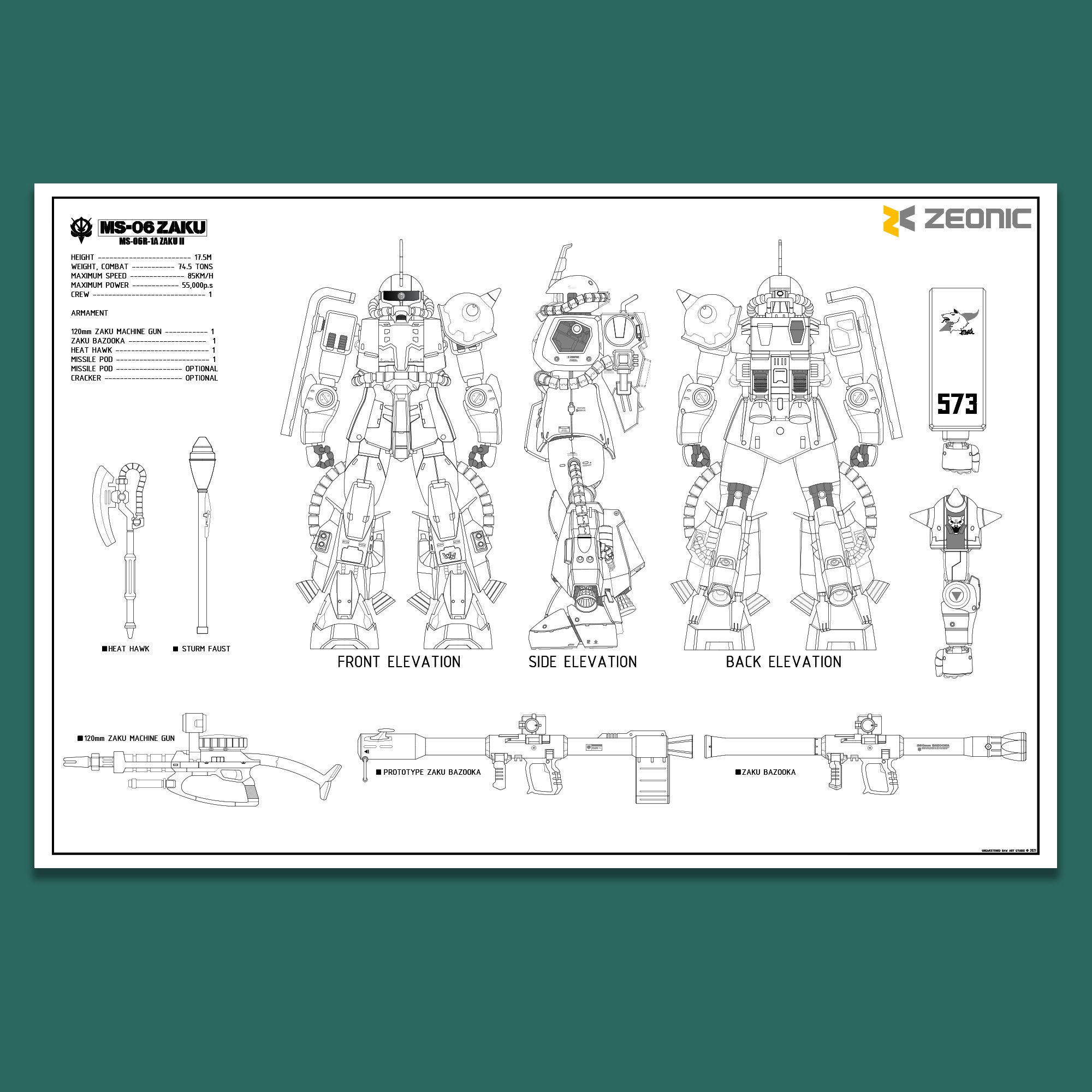 Gundam Poster_gundam MS-06 ZAKU Custom Poster Art Technical Drawing 11 X 17 24 X 36 Custom ...