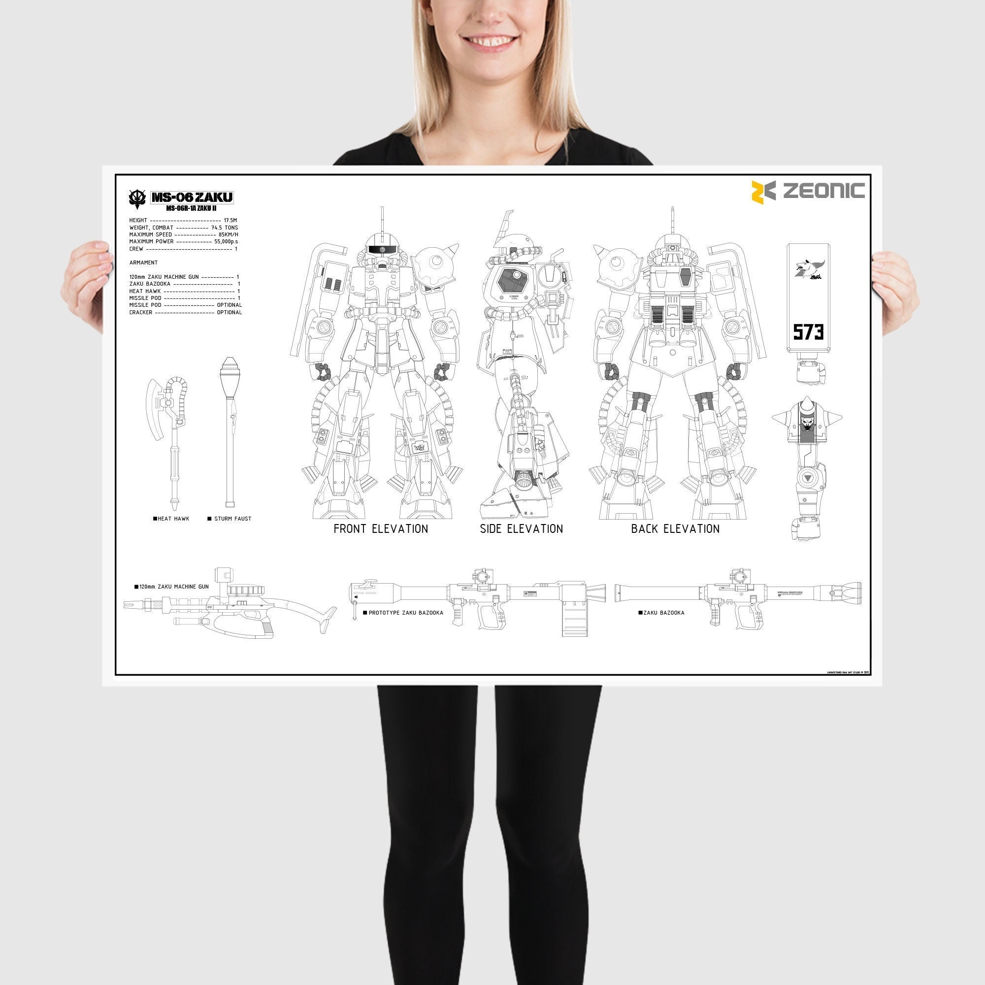 Gundam Poster_gundam MS-06 ZAKU Custom Poster Art Technical Drawing 11 ...