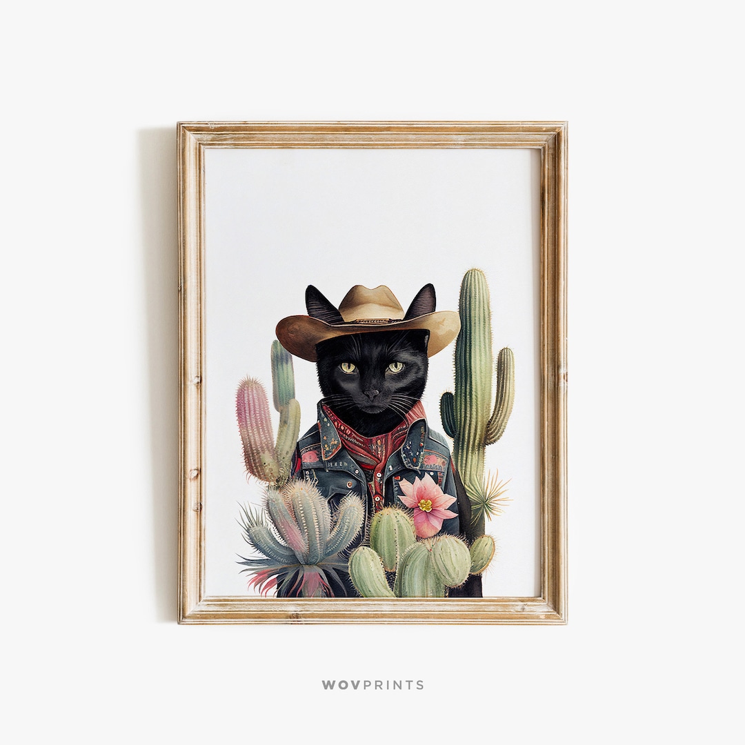 Cowboy Black Cat Art Print, Western Cat Art, Cat Lover Gift, Funky ...
