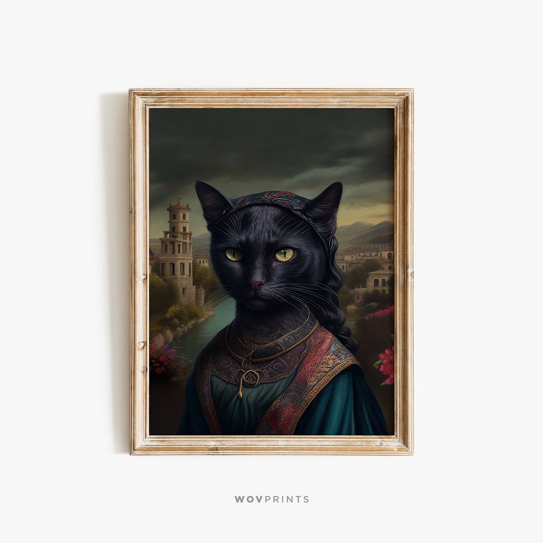 Renaissance Style Black Cat Art Print, Victorian Cat Portrait, Vintage ...