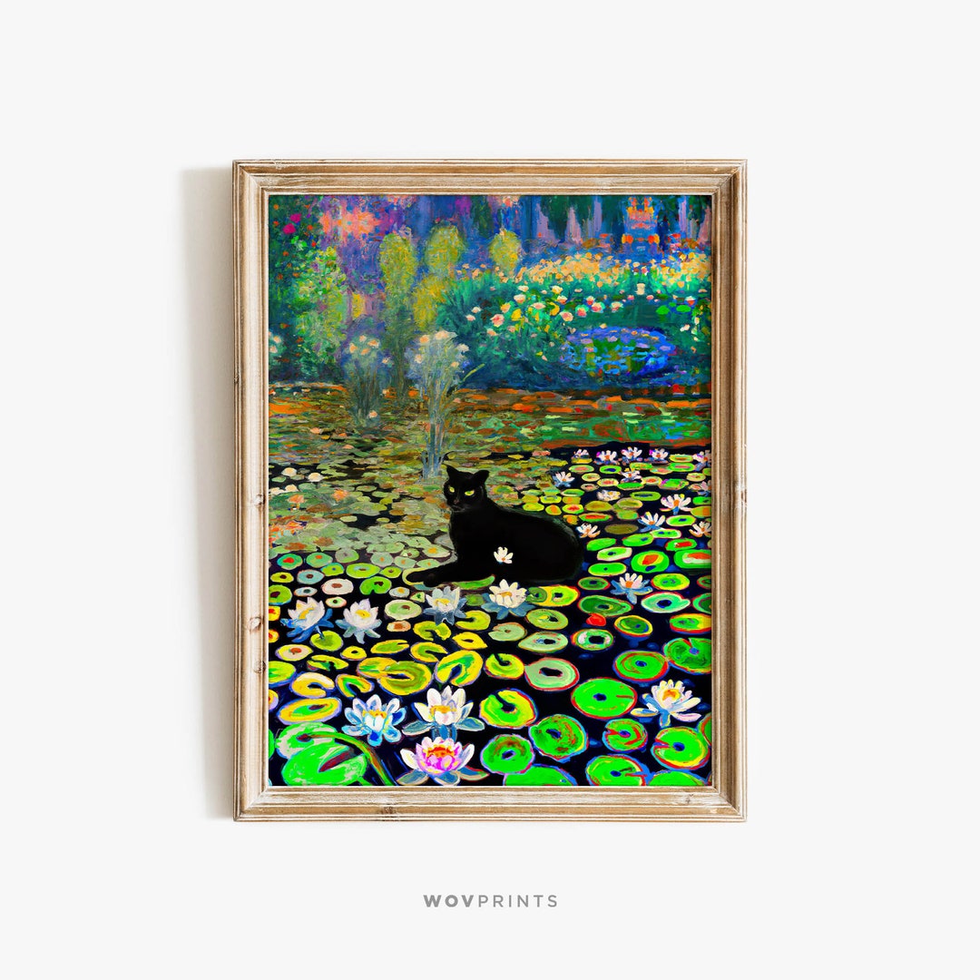 Monet Waterlily Cat Print, Claude Monet Cat Poster, Black Cat Art ...