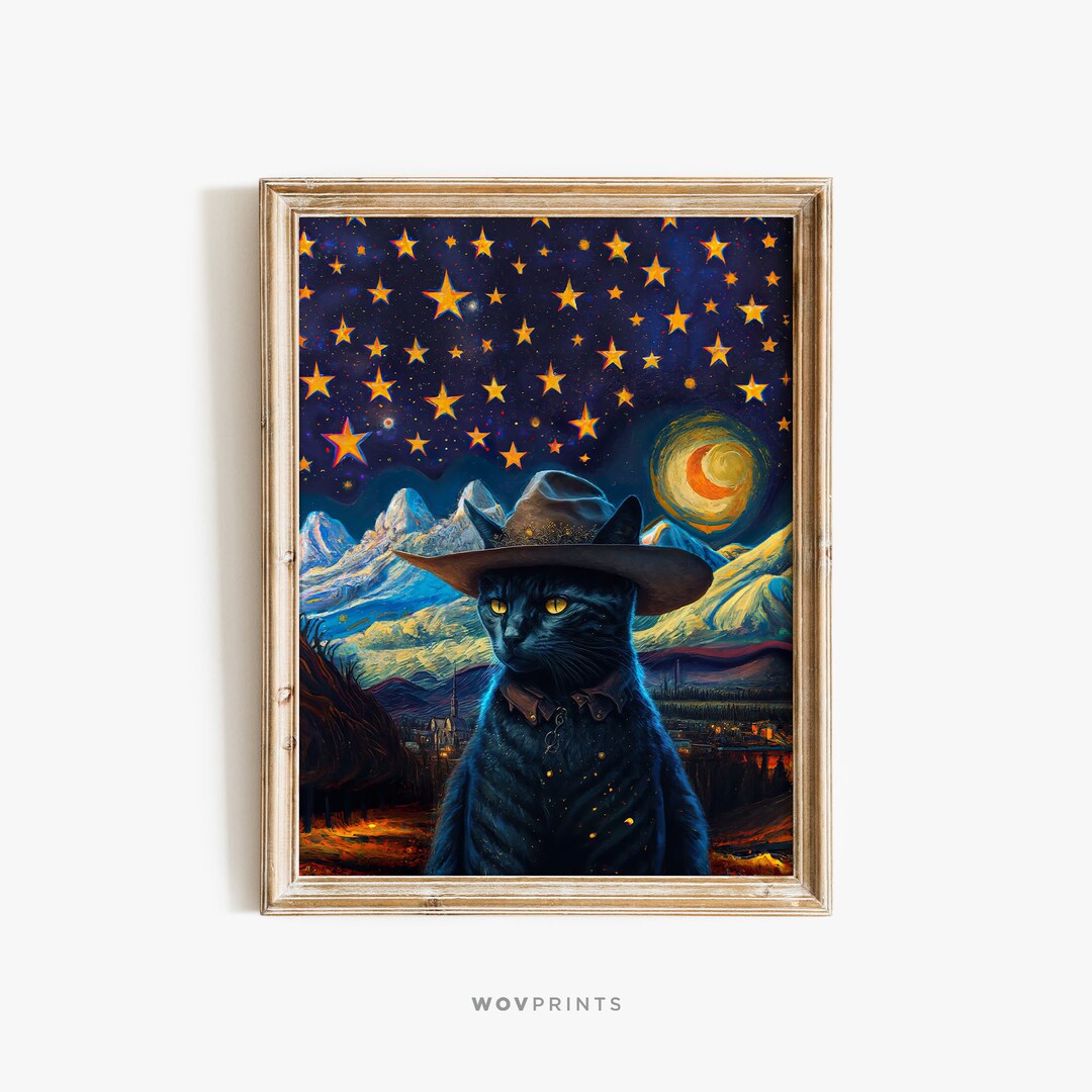Cowboy Black Cat Starry Night Print, Vincent Van Gogh's the Starry ...