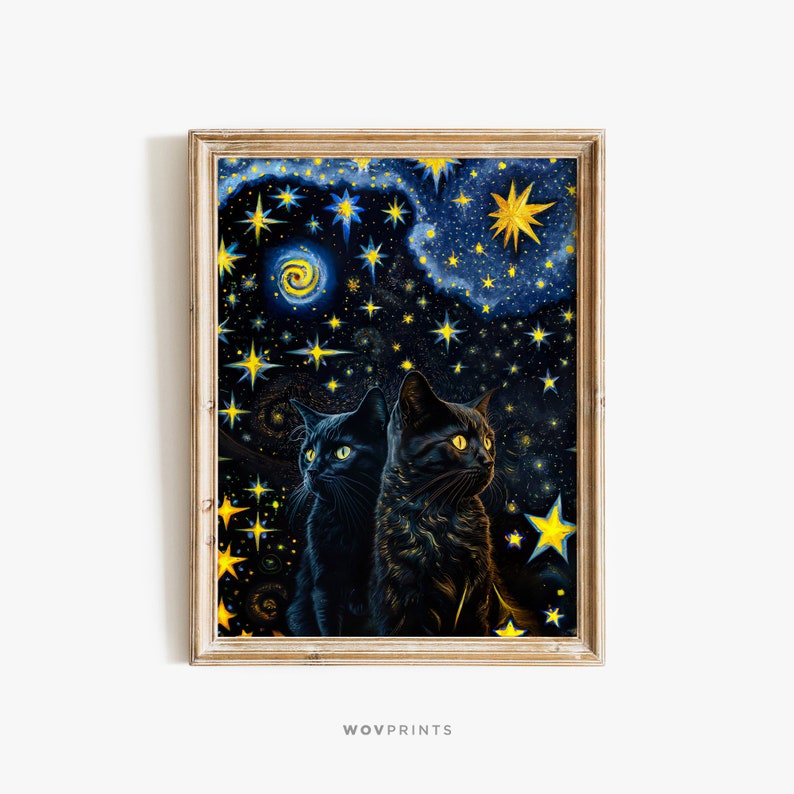 Vincent Van Gogh's the Starry Night Cat Print Black Cats - Etsy
