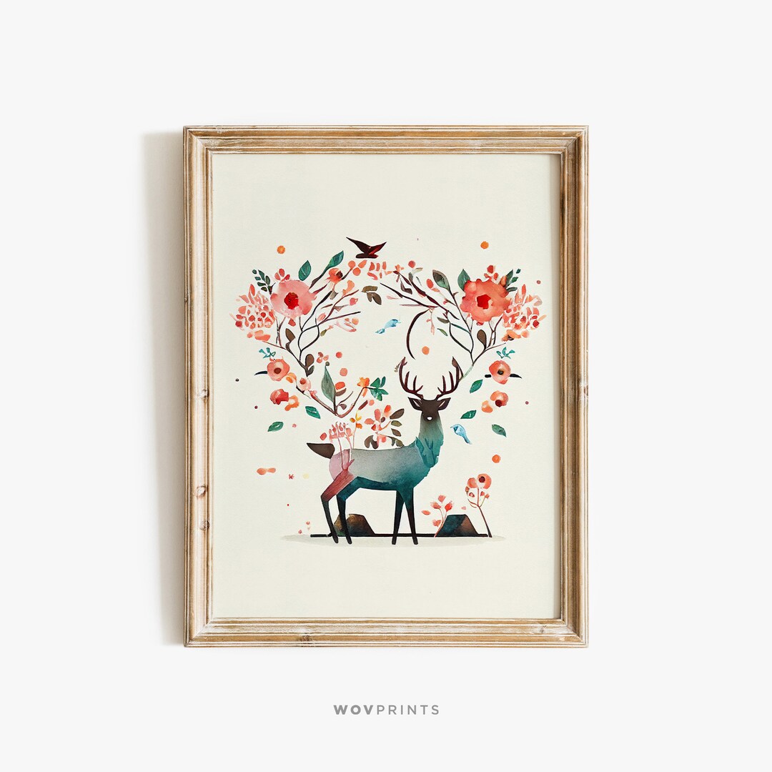 Rustic Deer Painting, Woodland Deer Art Print, Landscape Painting Cabin ...