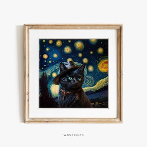 Van Gogh the Starry Night Cowboy Cat Print, Vincent Van Gogh Cat Poster ...