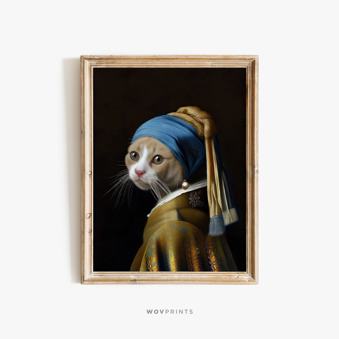 Cat With Pearl Earring, Funny Cat Print, Funny Gift, Home Decor Poster ...