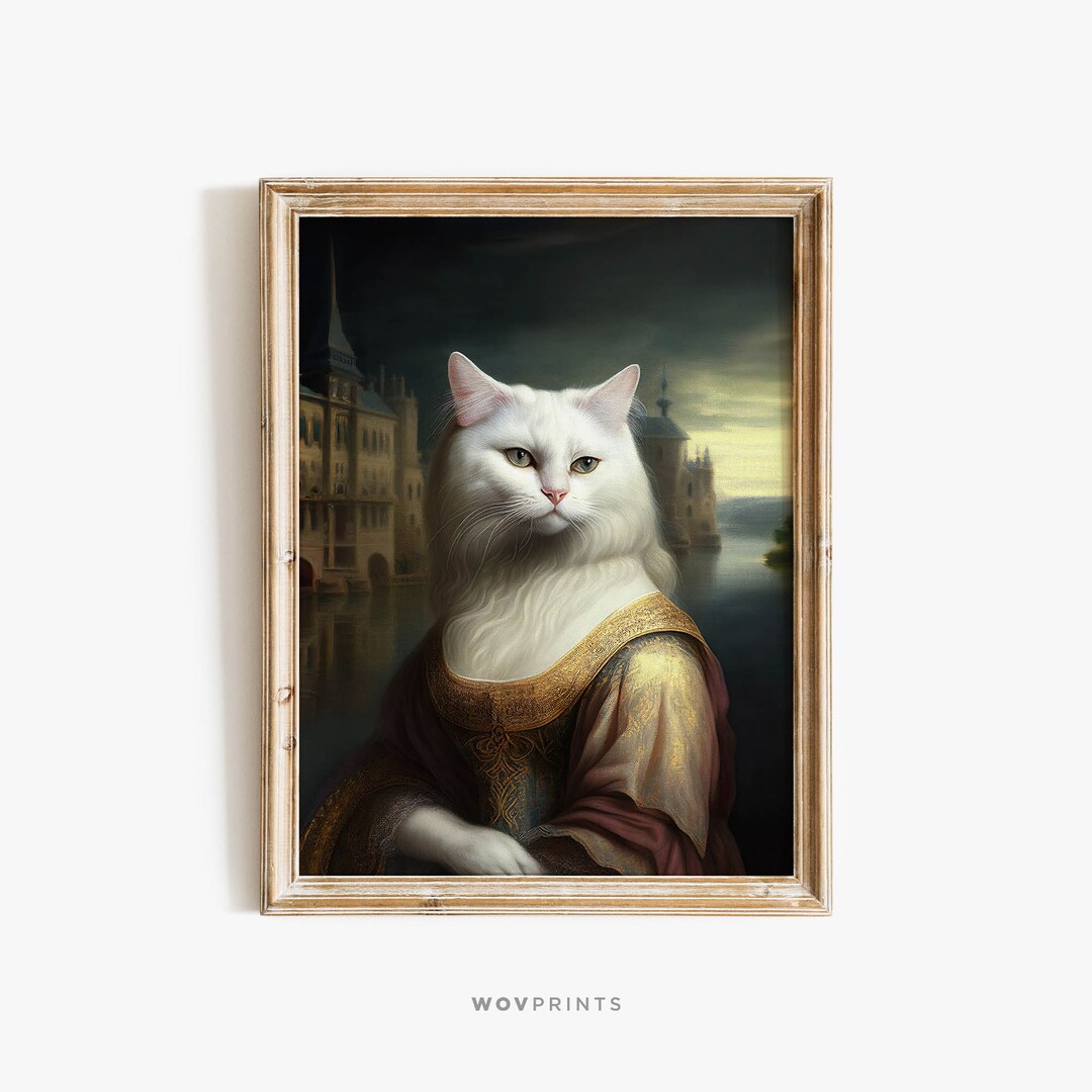 Renaissance Style White Cat Art Print, Victorian Cat Portrait, Vintage ...