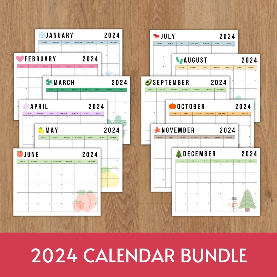 2024 Calendar Bundle | Printable Landscape Monthly Calendars, 8.5 X 11 ...
