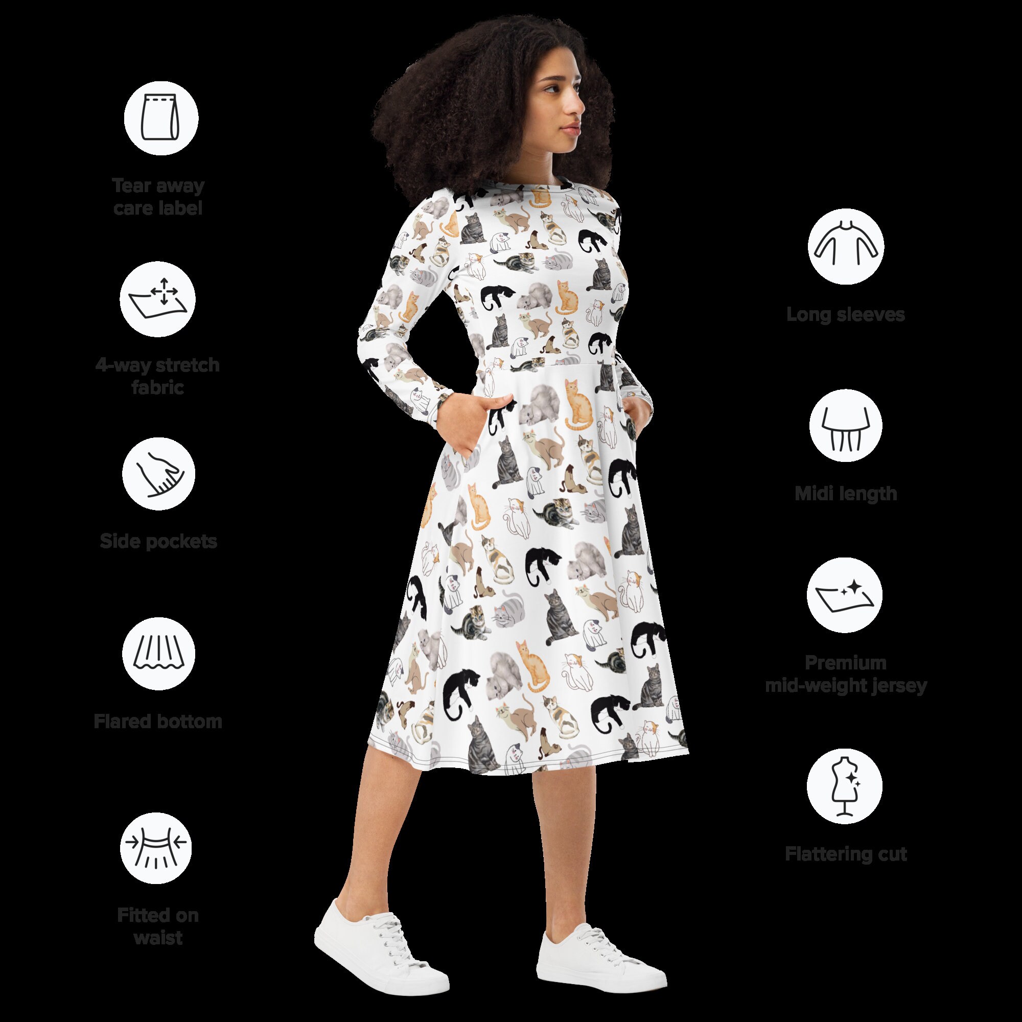 All-over Cat Print Long Sleeve Midi Dress, Cat Dress, Crazy Cat Lady ...