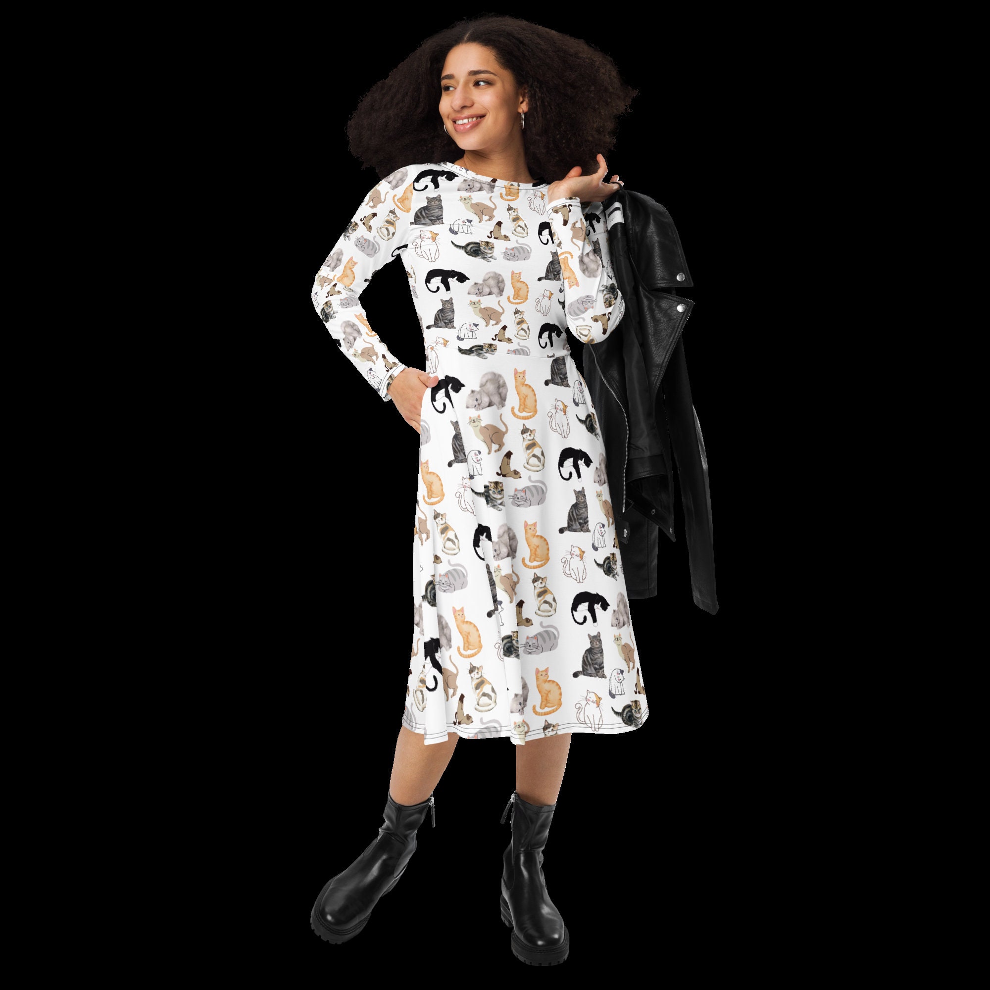 All-over Cat Print Long Sleeve Midi Dress, Cat Dress, Crazy Cat Lady ...