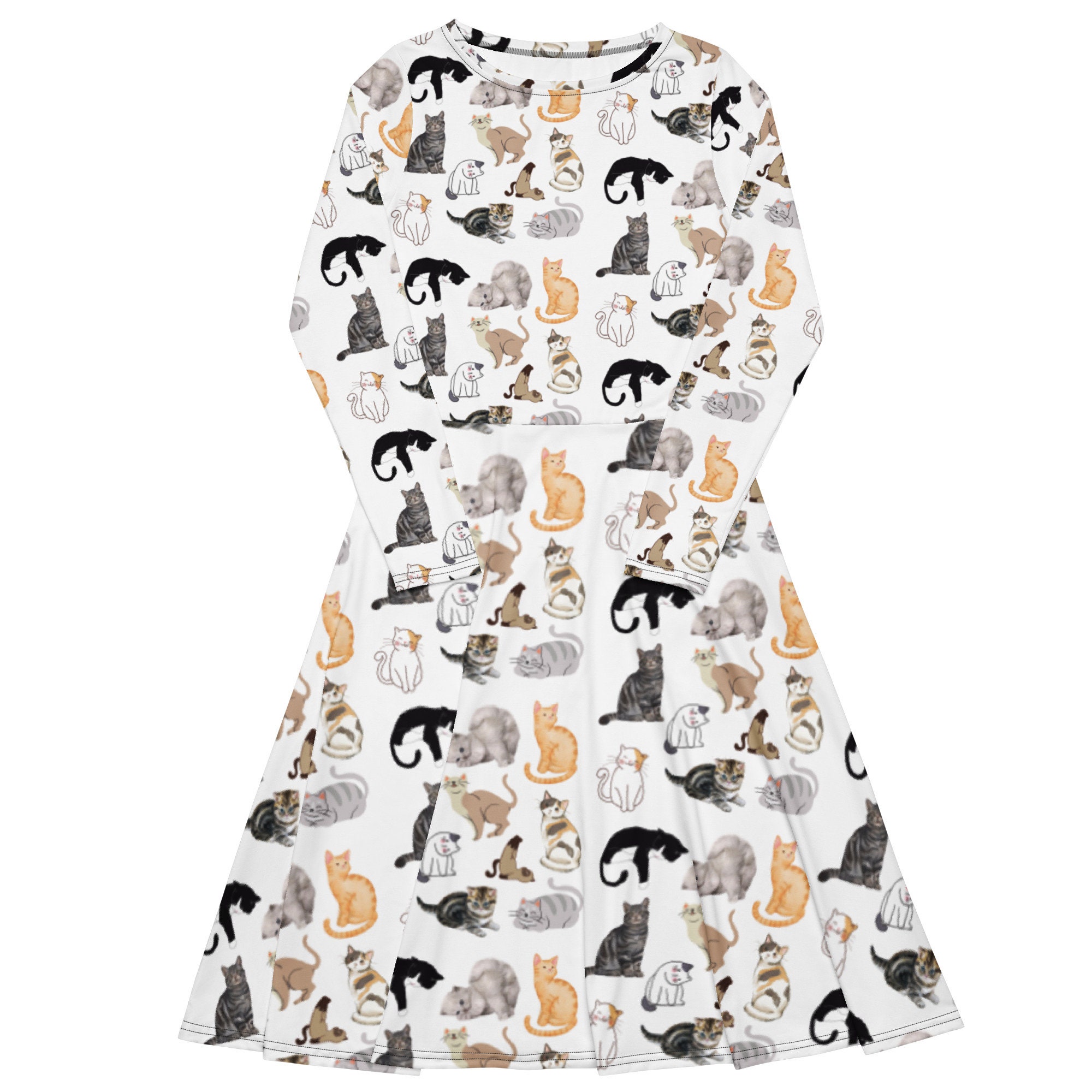 All-over Cat Print Long Sleeve Midi Dress, Cat Dress, Crazy Cat Lady ...