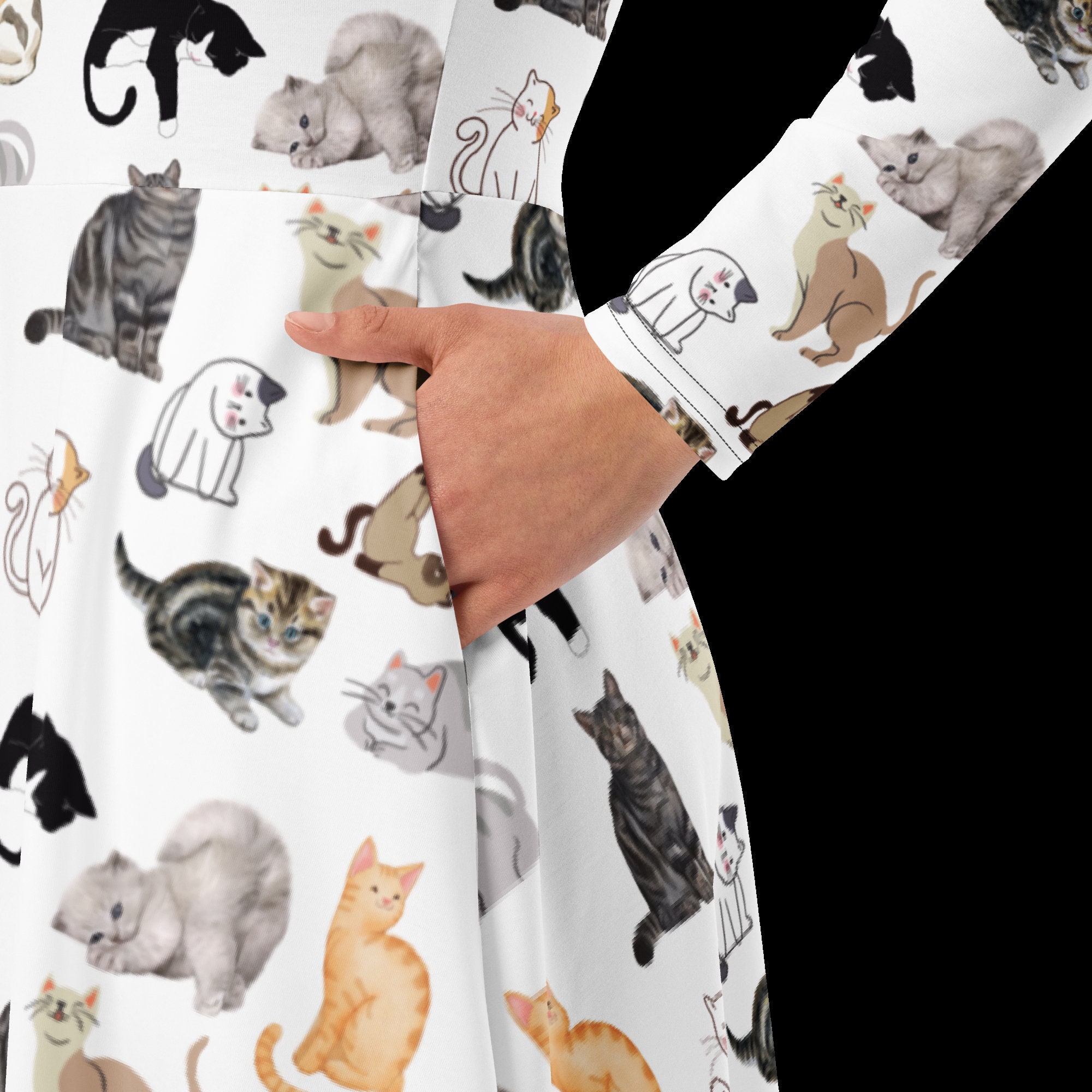 All-over Cat Print Long Sleeve Midi Dress, Cat Dress, Crazy Cat Lady ...