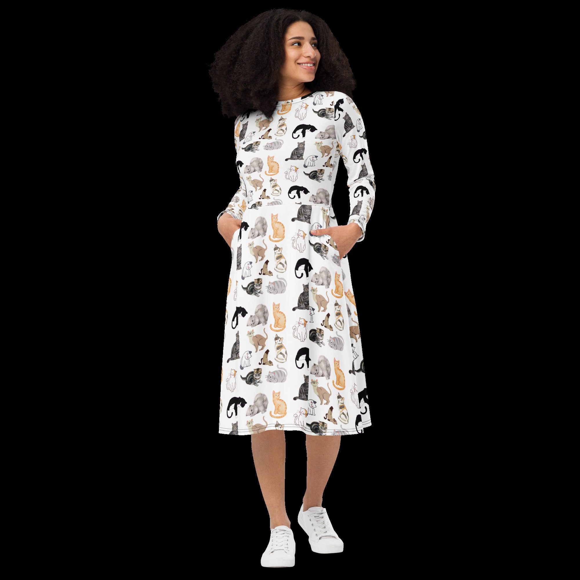 All-over Cat Print Long Sleeve Midi Dress, Cat Dress, Crazy Cat Lady ...