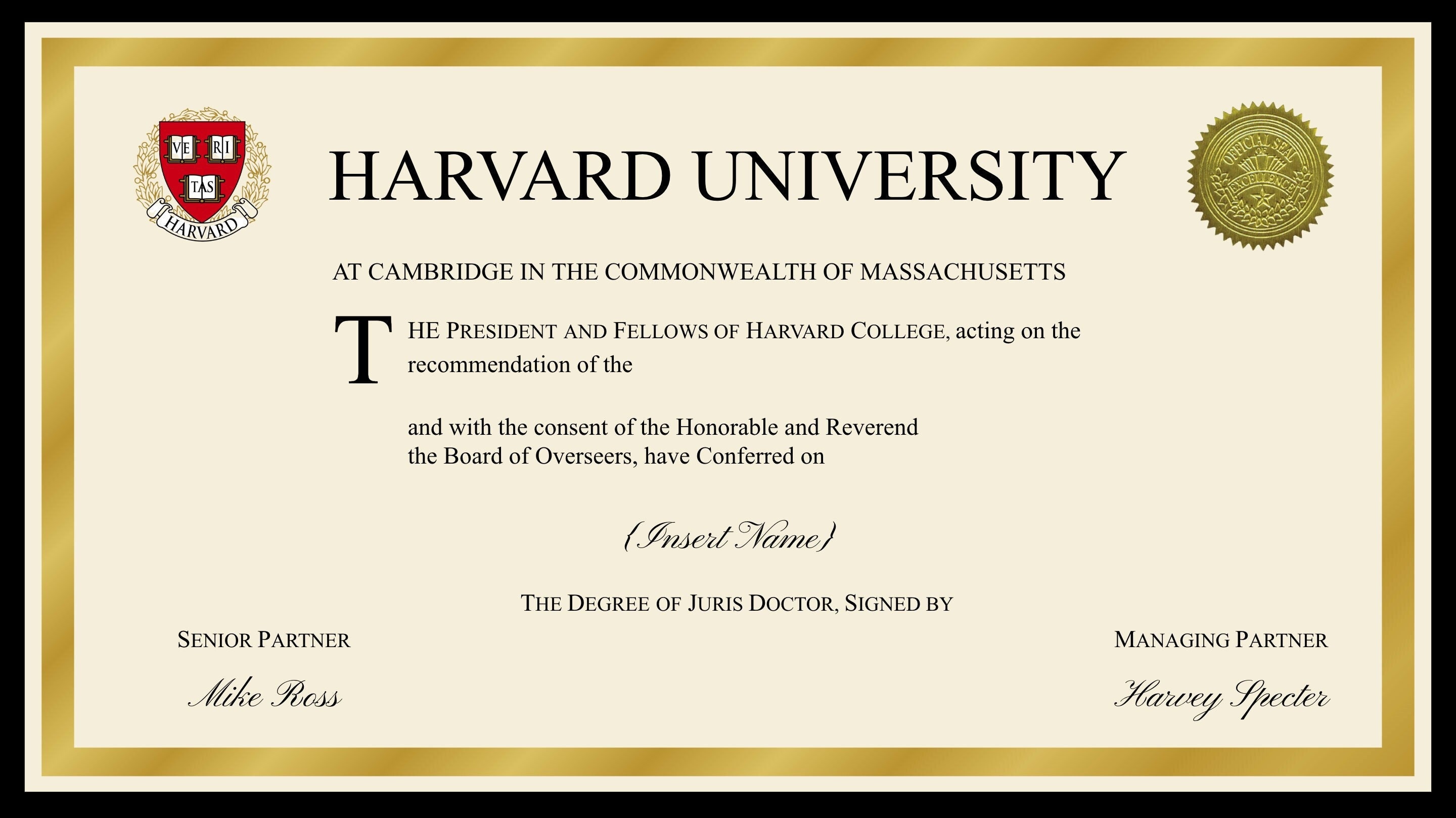 Fake Harvard Diploma/ondertekend Door Mike Ross En Harvey Specter ...