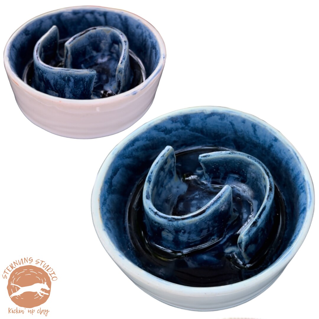 Ceramic Slow Feeder Dog Bowl - Classic Old Blue & Glossy White - Etsy