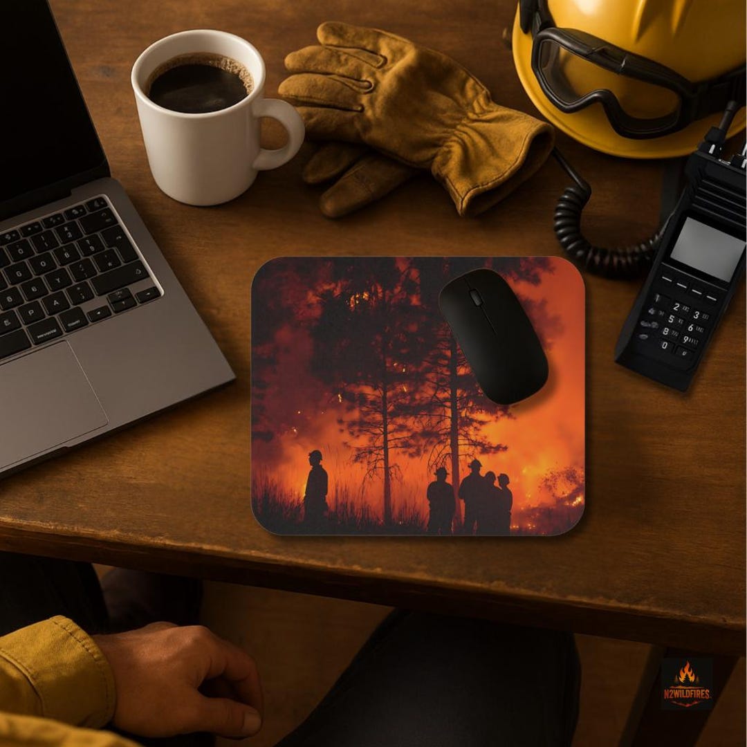 Wildfire Night Scene Mouse Pad | Firefighters Silhouette, Forest Blaze ...