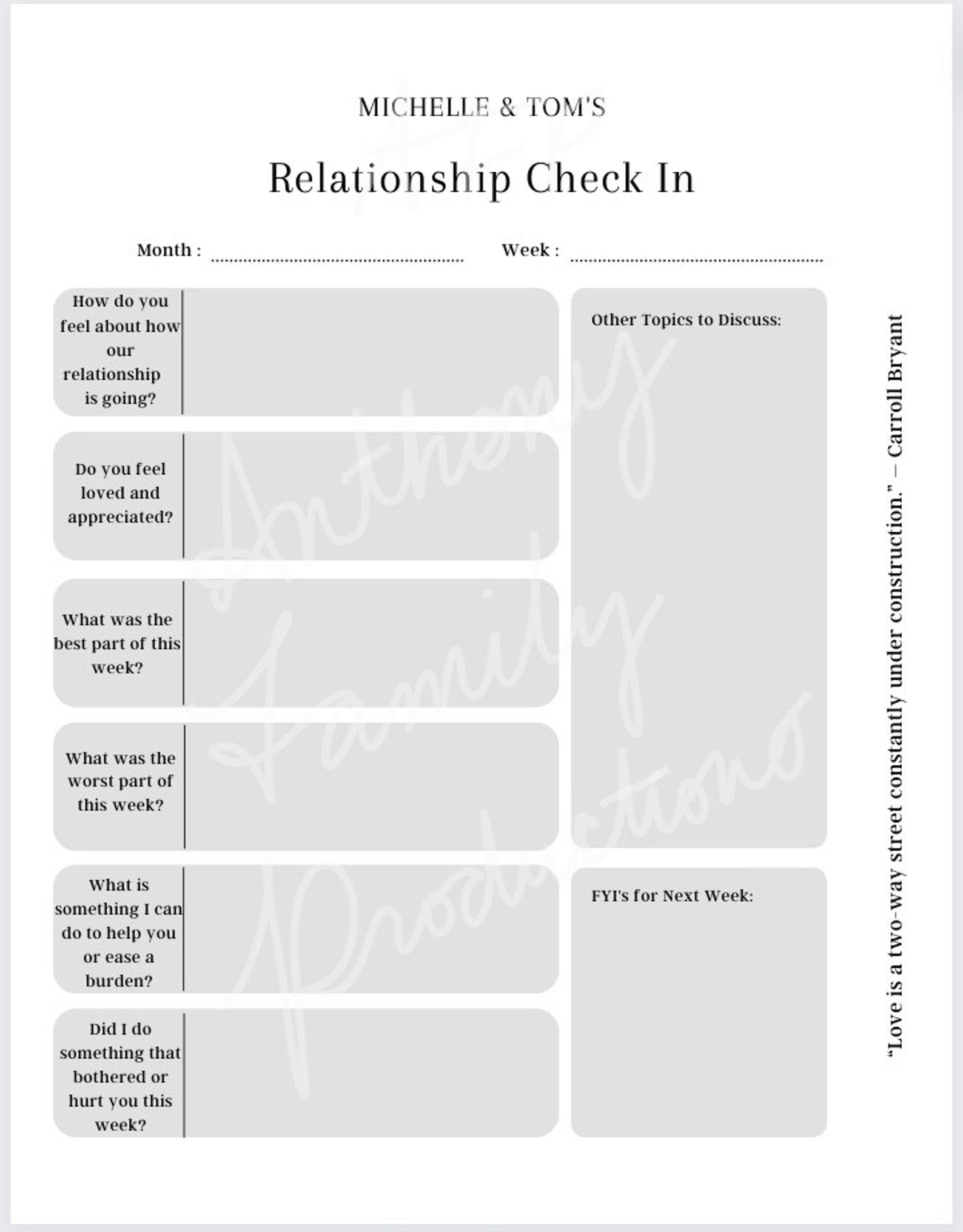 Relationship Check-in Sheet - Etsy