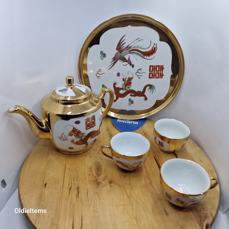 Vintage Chinese Porcelain Tea Set Dragon & Phoenix Motif With Gold ...