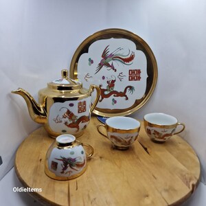 Vintage Chinese Porcelain Tea Set Dragon & Phoenix Motif With Gold ...