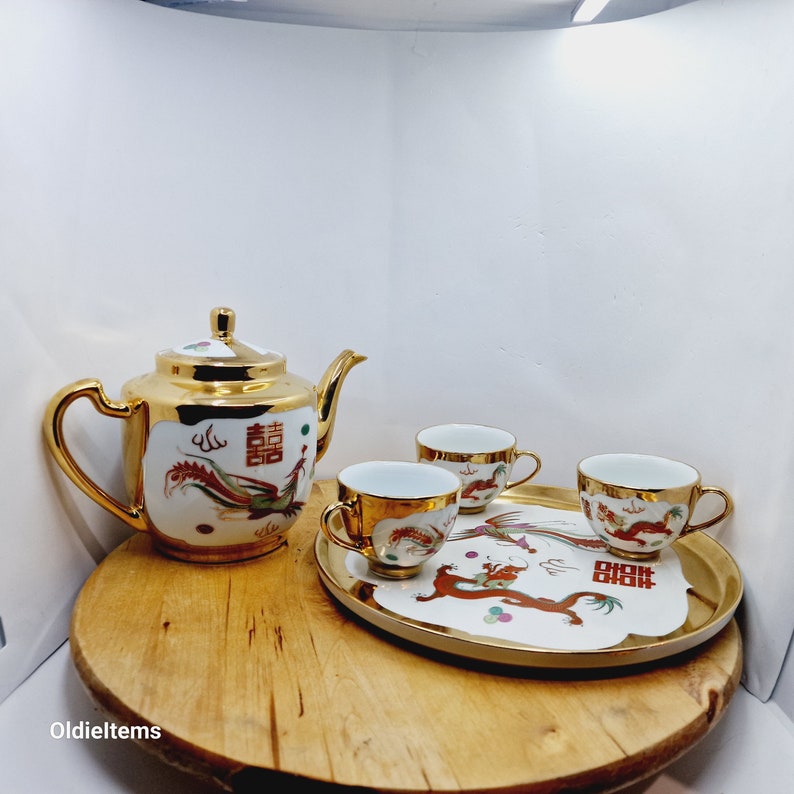 Vintage Chinese Porcelain Tea Set Dragon & Phoenix Motif With Gold ...