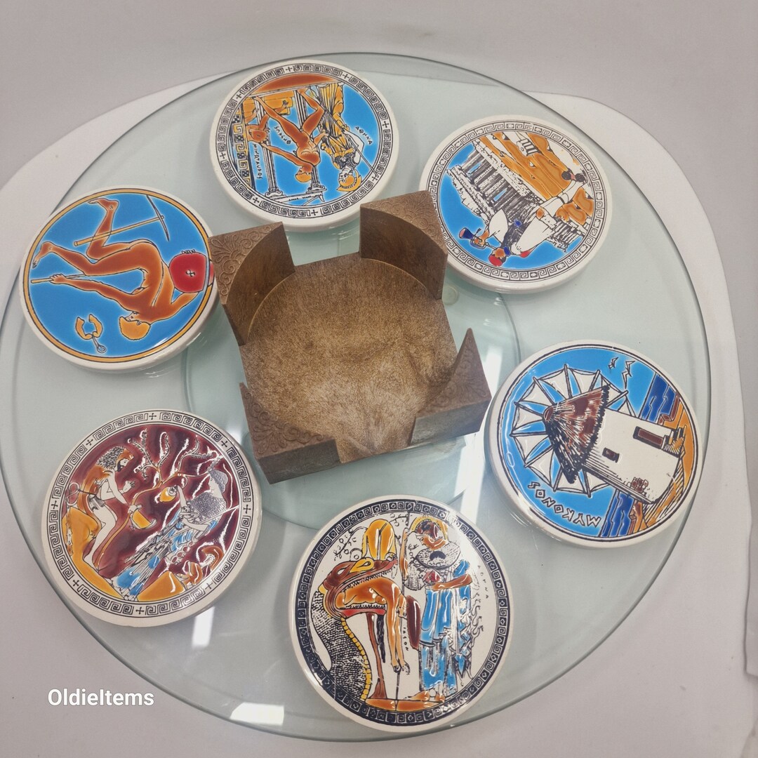 Set of 6 Greek Souvenir Porcelain Coasters With Colourful People and ...