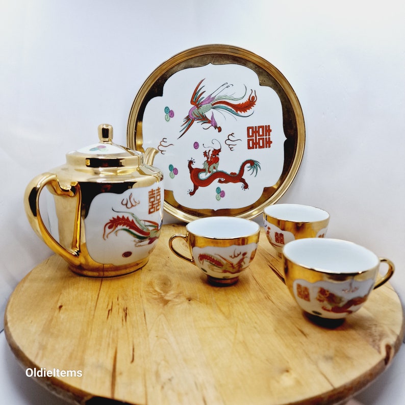 Vintage Chinese Porcelain Tea Set Dragon & Phoenix Motif With Gold ...